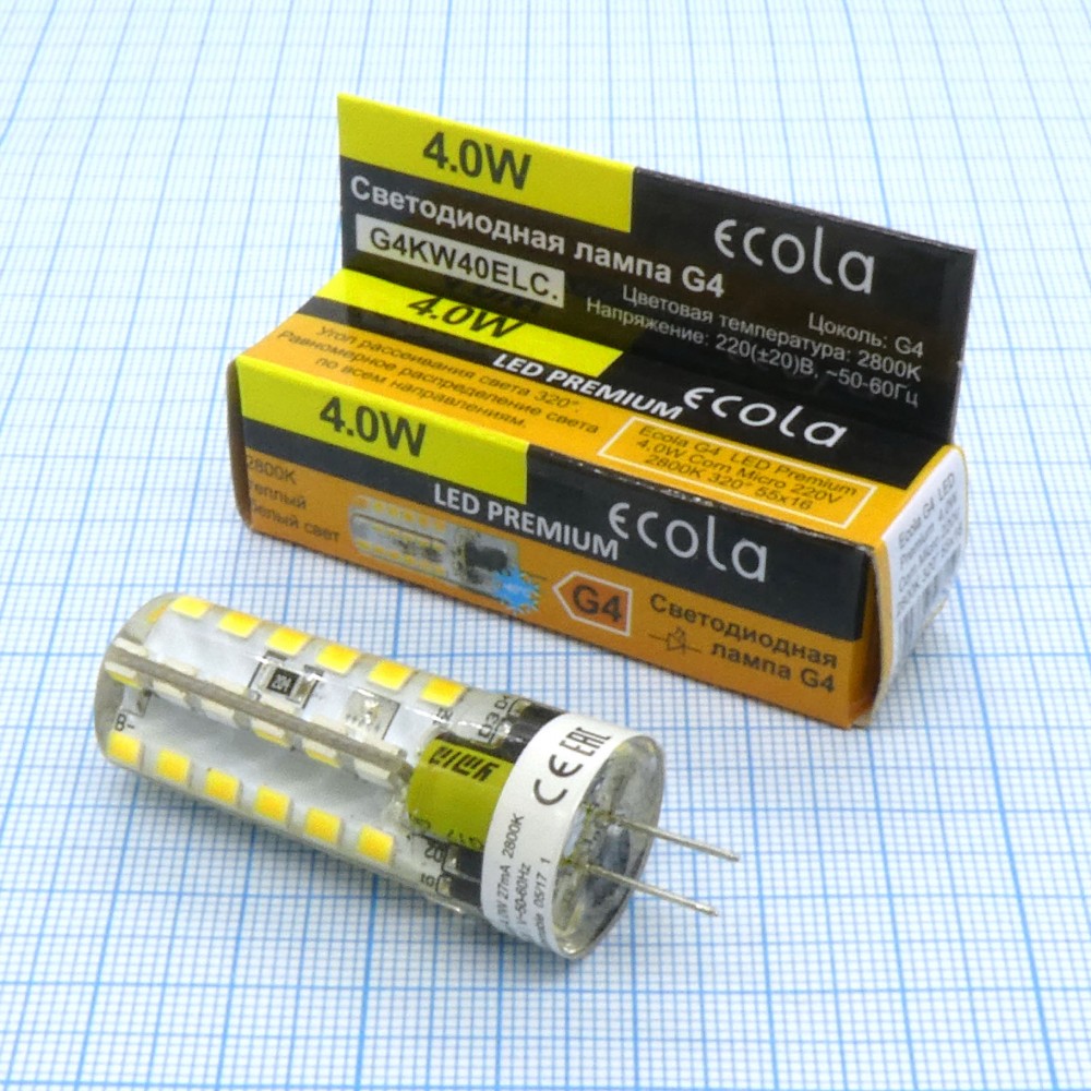 Лампа LED Ecola 4W тёпл. 220V (222), G4,2800k,55*16,320°, силикон Wuxi ...